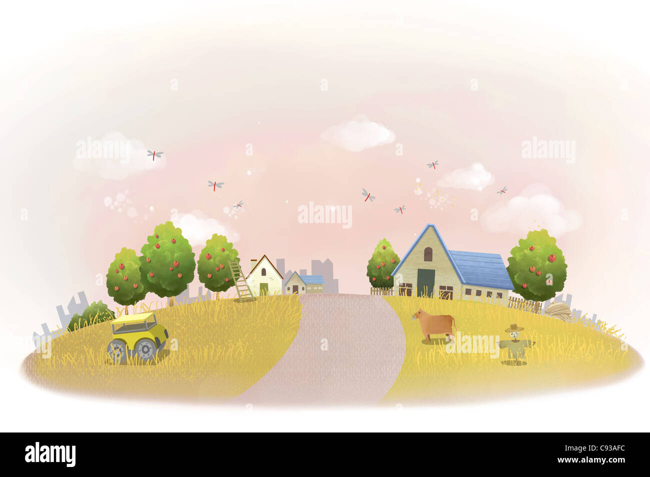 Scarecrow with cow in field Stock Photo - Alamy