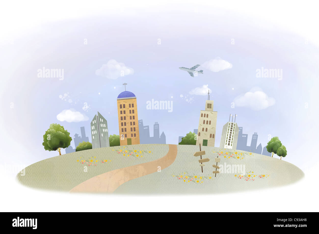 Airplane flying from over city Stock Photo - Alamy