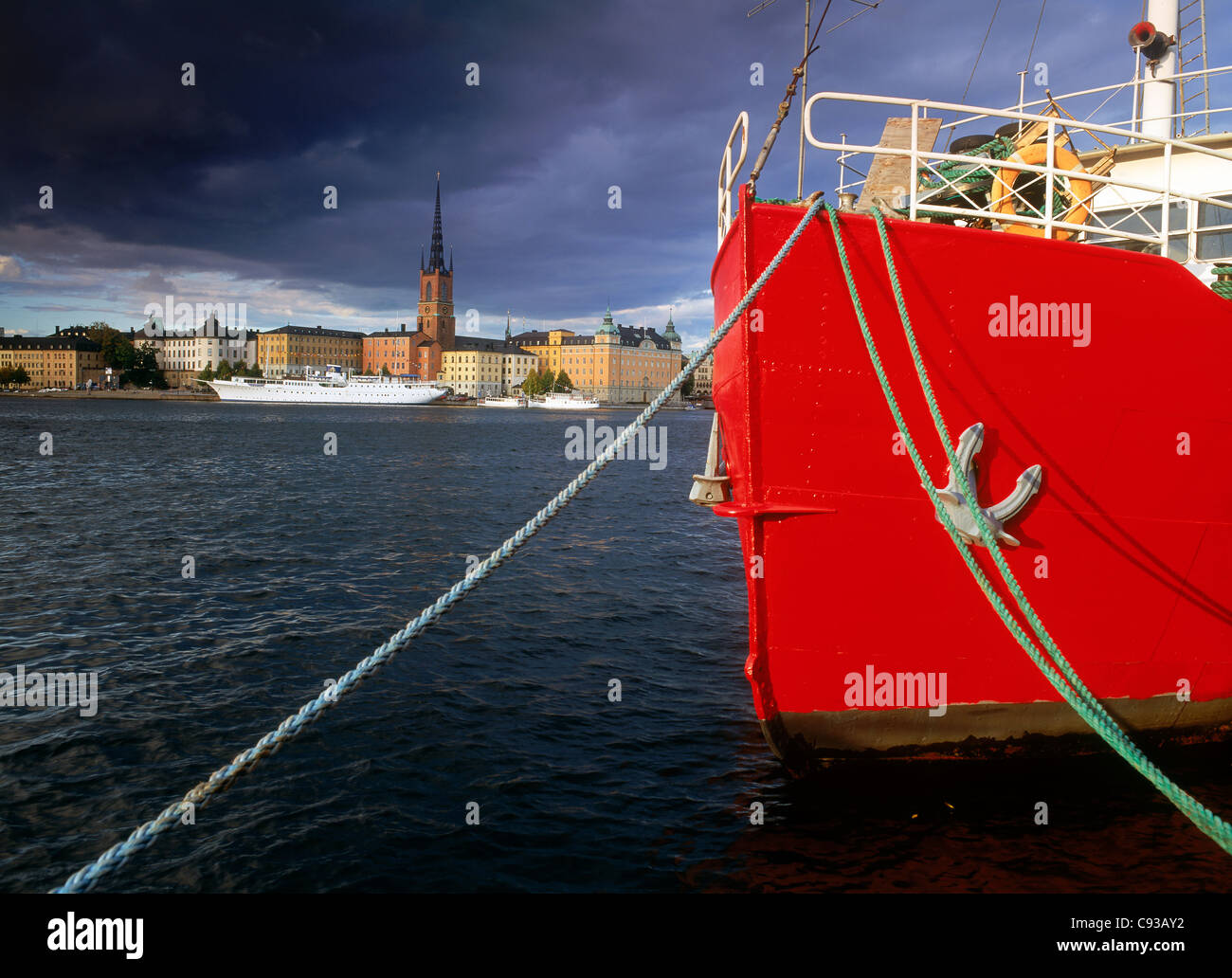 Ship moored at Sodermalerstrand across from Riddarholmen Island and ...