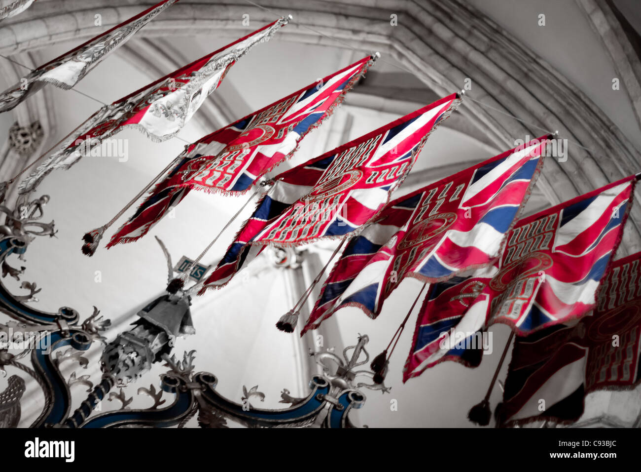 A collection of small beach English union jack flags displayed in a ...