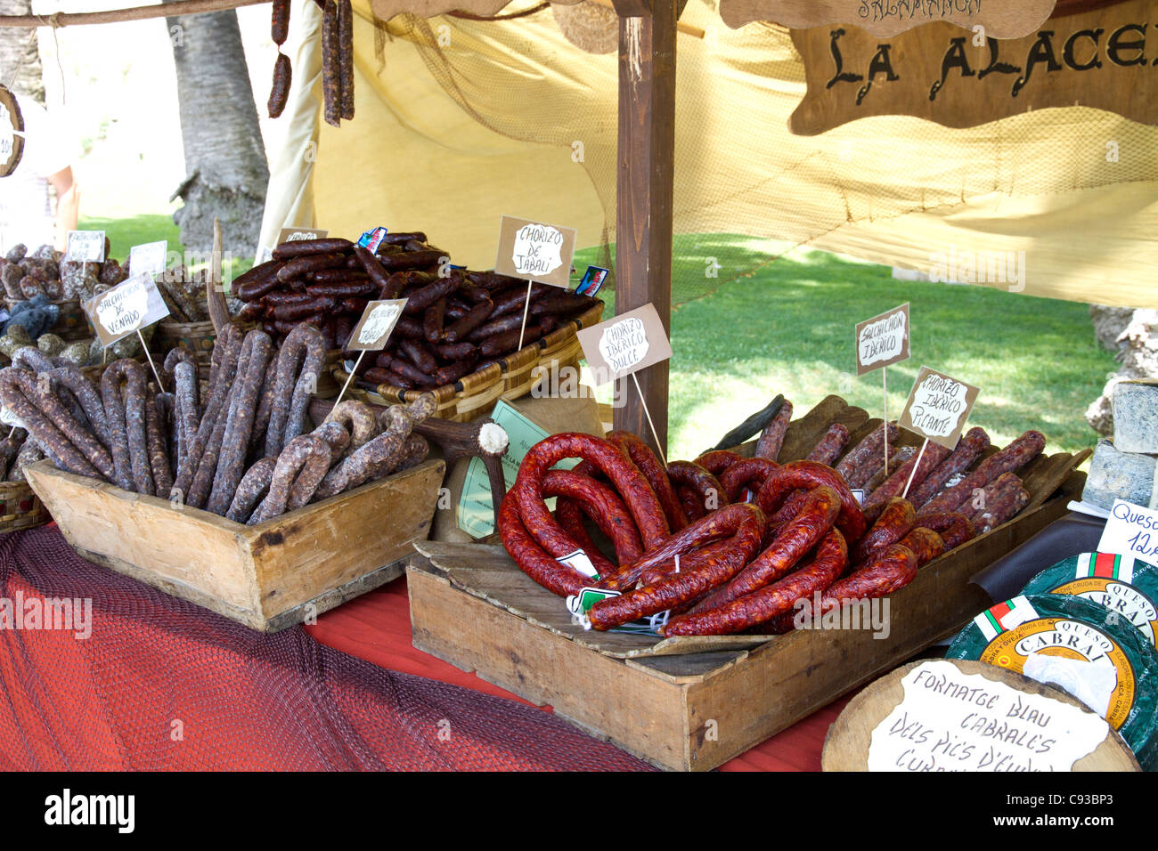 Spanish Salami delicatessen food for sale displayed in a stall in ...