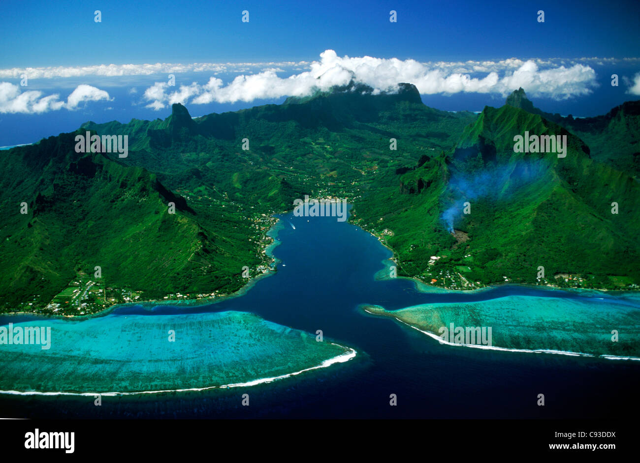 Aerial view of Cooks Bay and mountains on Island of Moorea in French ...