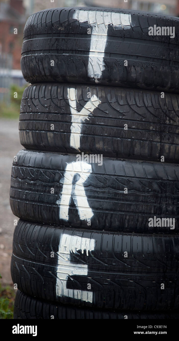 A sign stating the obvious on a pile of used tyres Stock Photo - Alamy