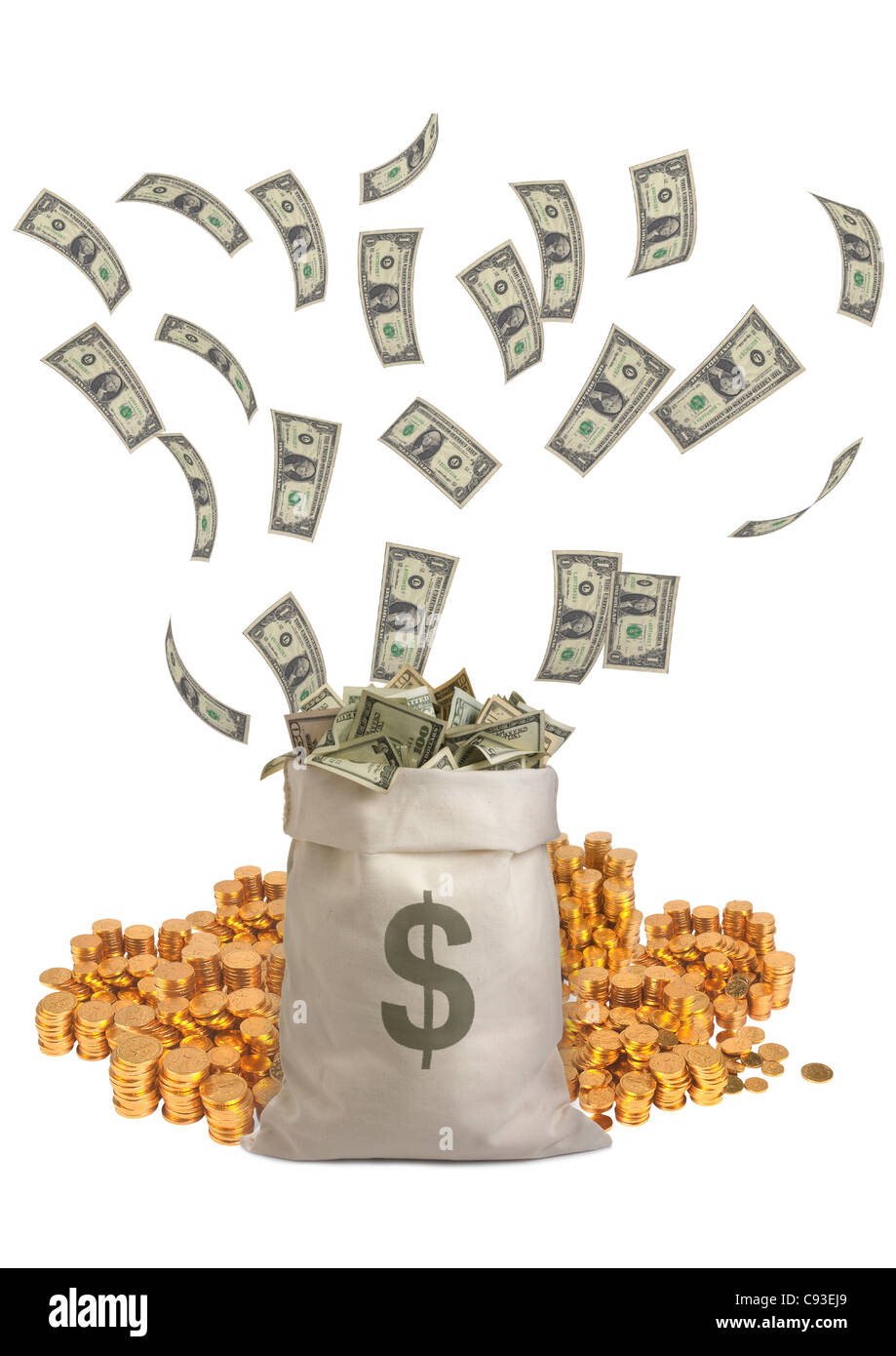 Moneybag with dollar notes flying and gold coins Stock Photo - Alamy