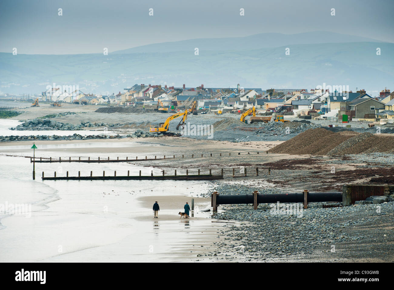 Constructing new sea defences at Borth Ceredigion, West Wales, Nov 7 ...