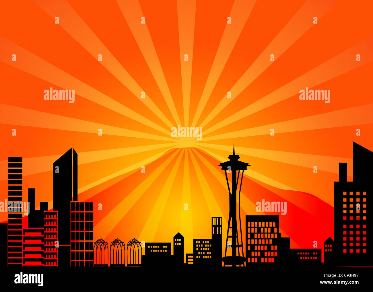 Seattle Washington City Skyline and Mount Rainier Illustration Stock ...