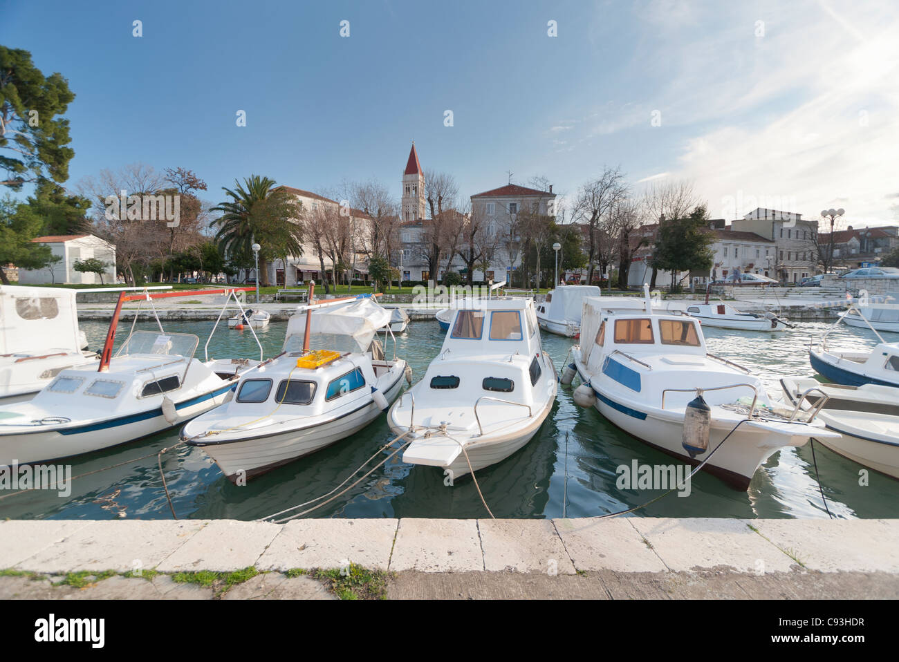 A line of pleasure boats outside Trogir, Croatia. Trogir is a historic ...