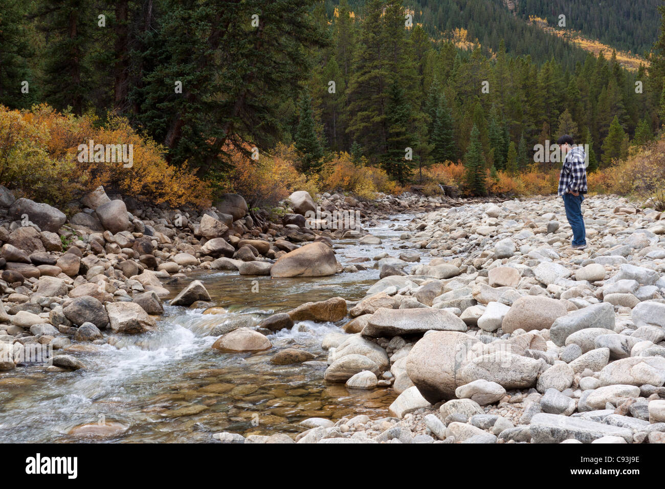 Asian man standing on rocky river bed enjoying nature, watching creek ...