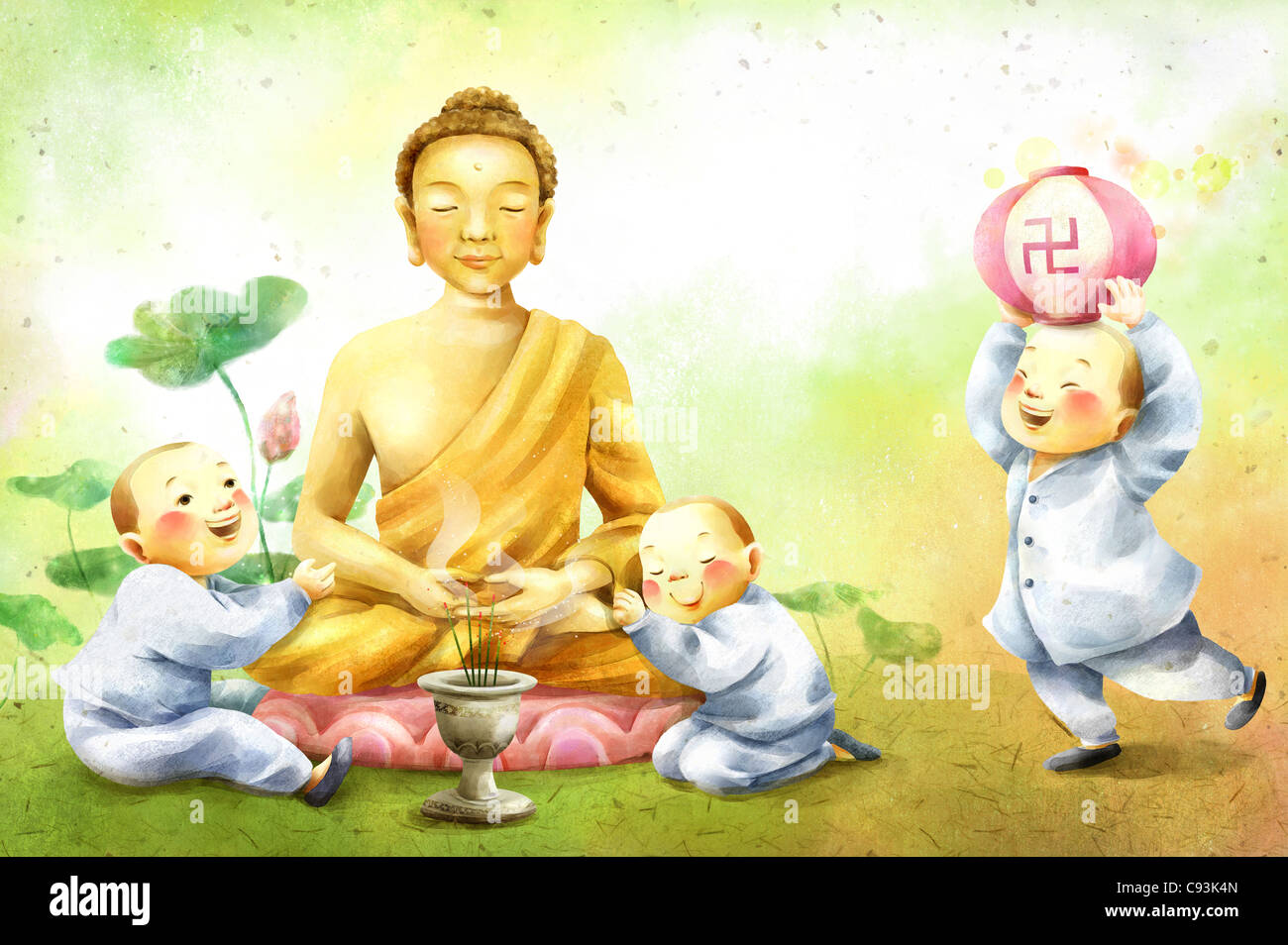 Three little boy around Buddha statue Stock Photo - Alamy