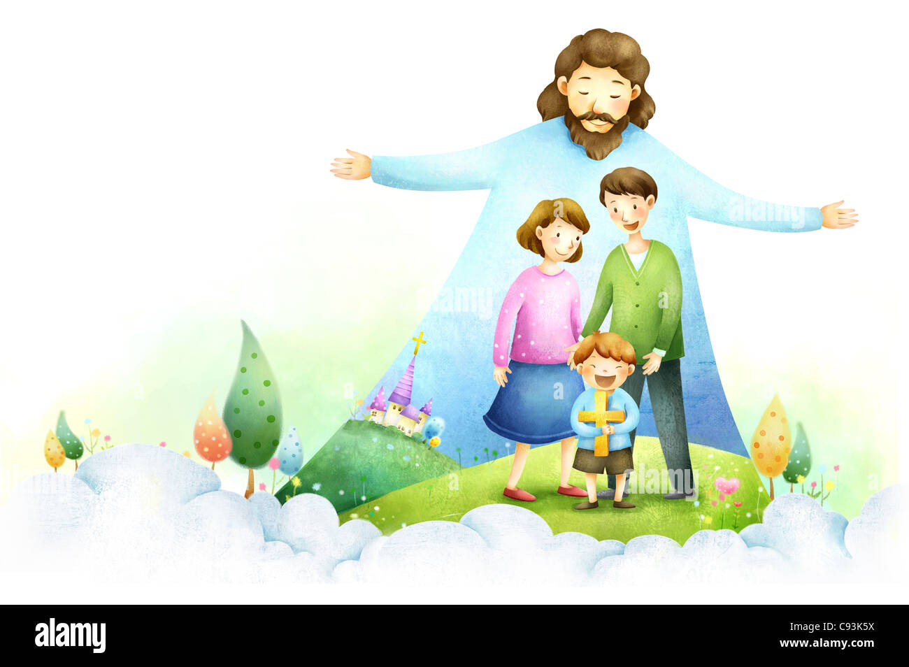 Parents with son and Jesus Christ behind them Stock Photo - Alamy