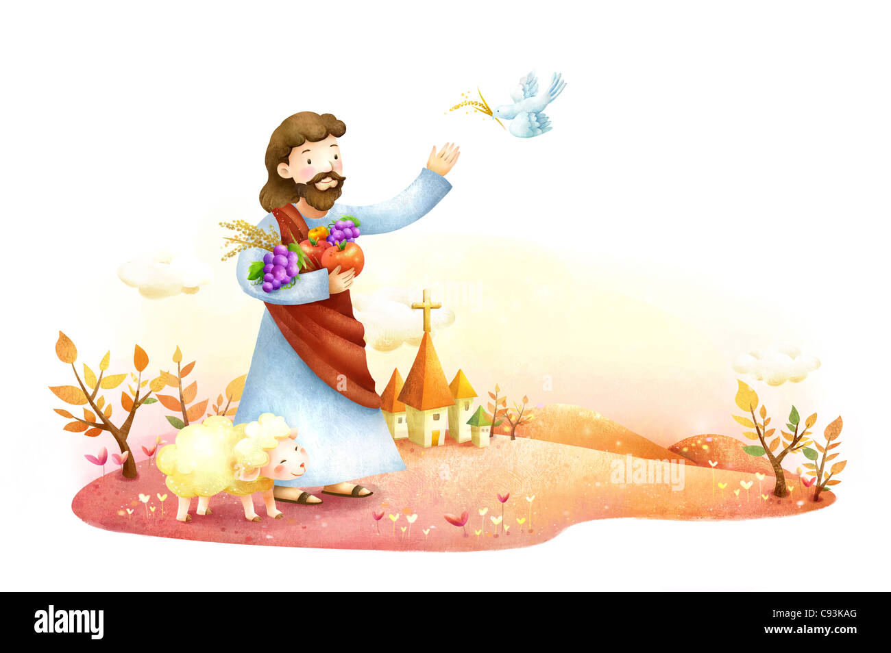 Lord Jesus Christ feeding bird with sheep standing besides him Stock ...