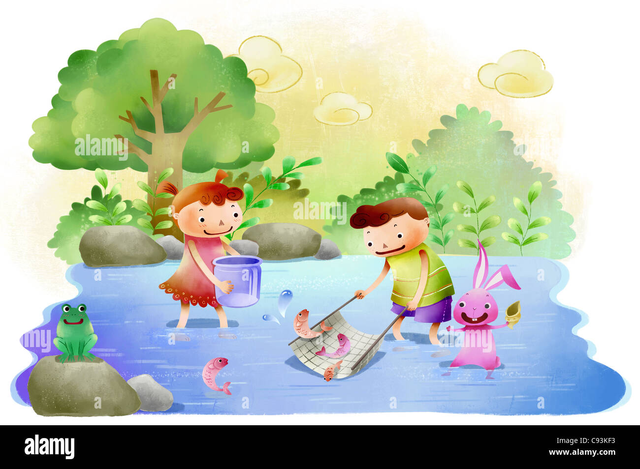 Boy girl catching fish hi-res stock photography and images - Alamy