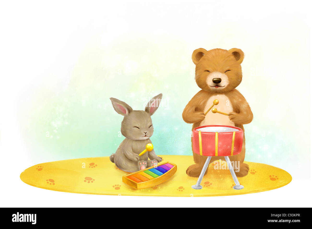 Rabbit playing xylophone with bear playing drum Stock Photo - Alamy