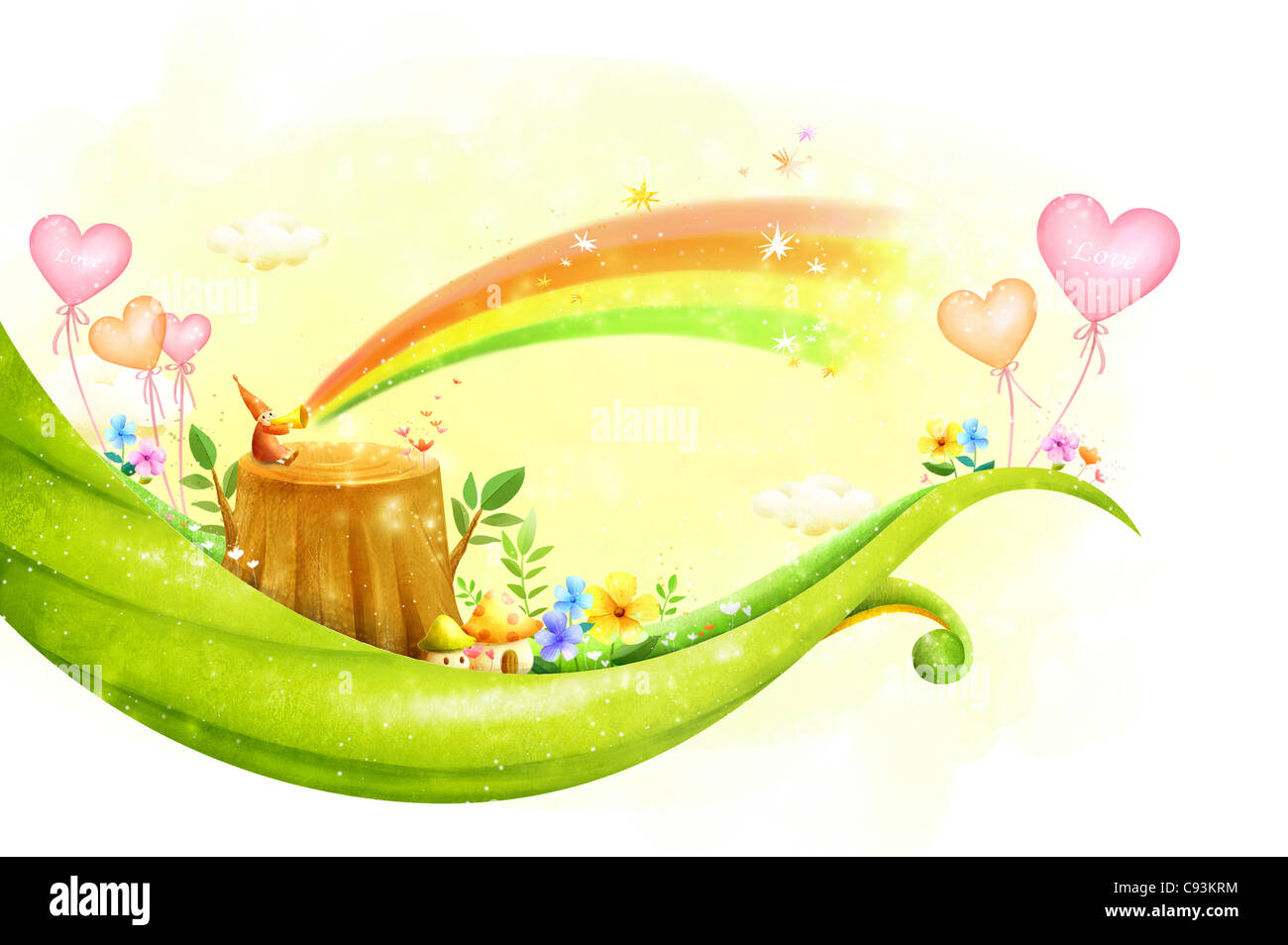 Fairy sitting on tree trunk blowing musical instrument with radiating ...