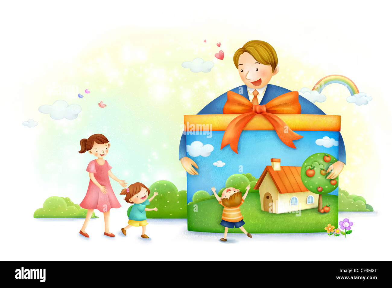 Father holding gift box for family Stock Photo - Alamy