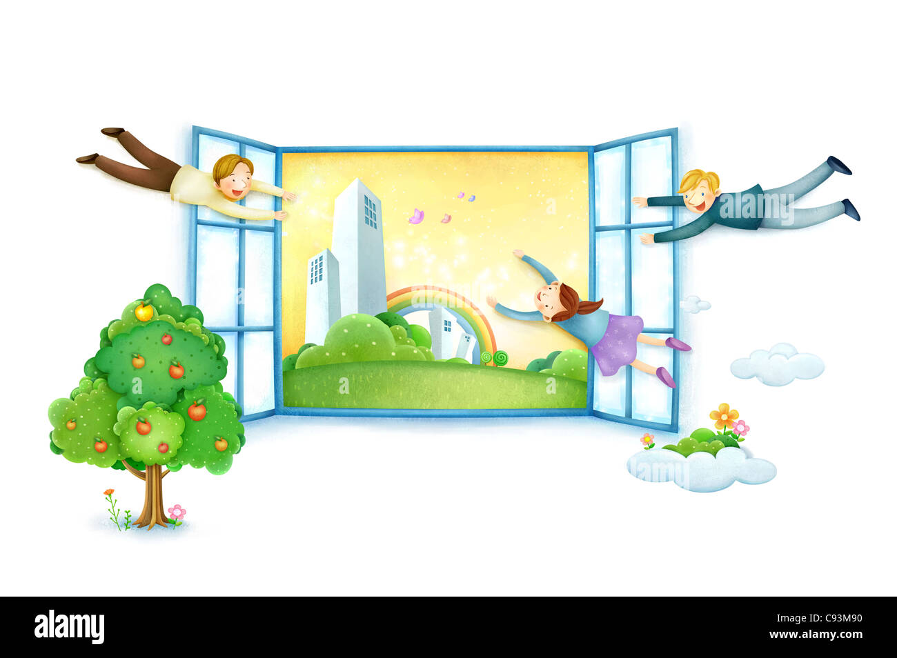 Two men with a woman entering into new world through window Stock Photo ...