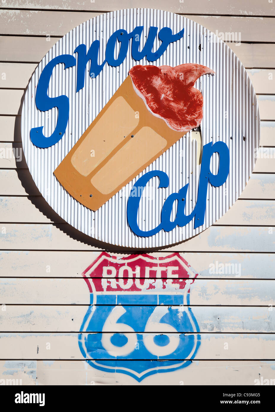 Snow Cap ice cream parlor and Route 66 signs on the side of a shop ...