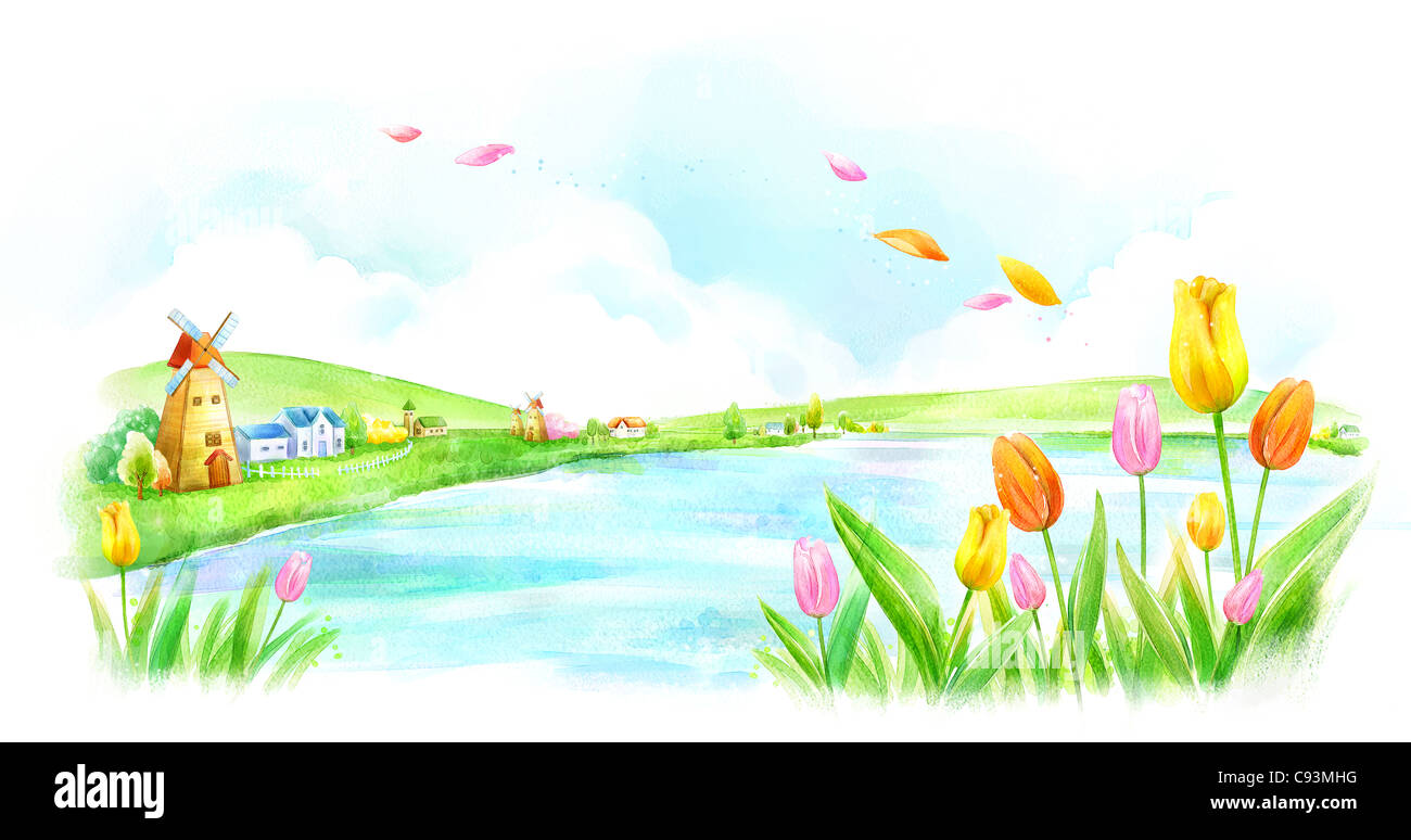 Flower petal flying in air with windmill in the background Stock Photo ...