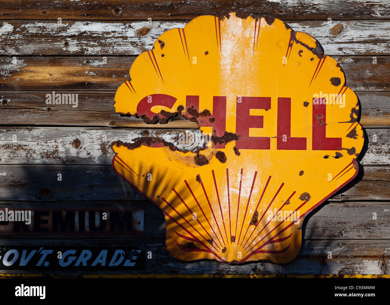 Old, rusty and worn Shell sign outside Hackberry General Store along ...