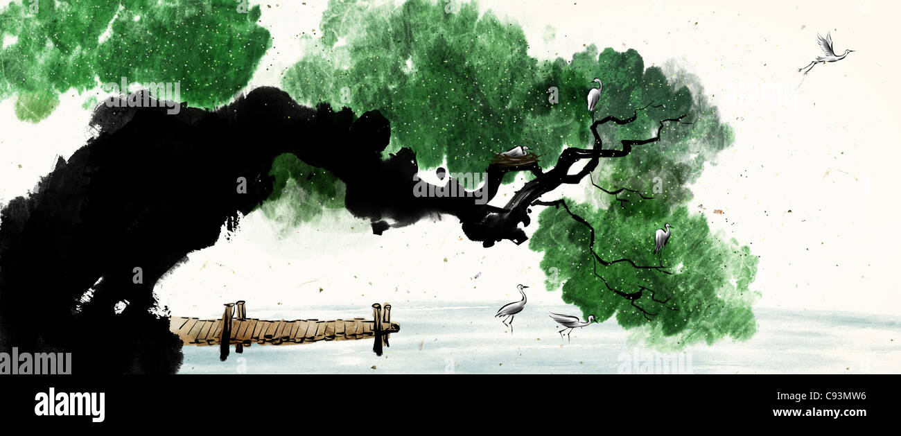 Illustration and painting of birds taking off from the lake Stock Photo ...