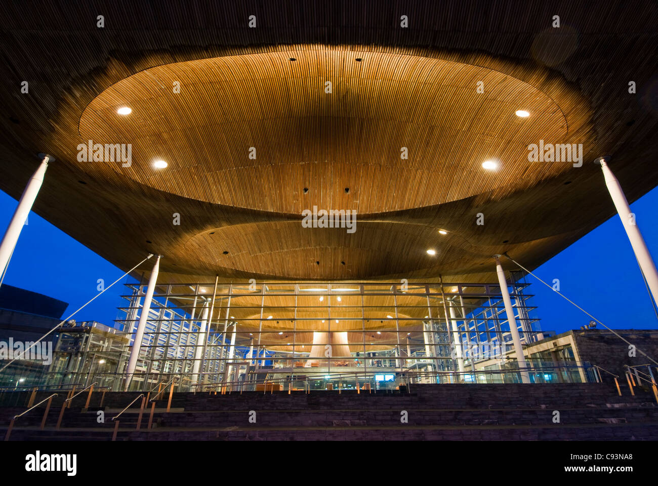 The Welsh Assembly debating chamber, or Senedd, Cardiff. Night with ...