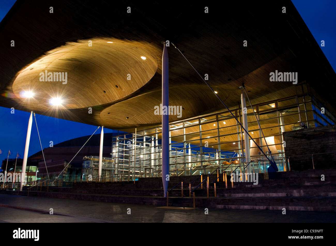 The Welsh Assembly debating chamber, or Senedd, Cardiff. Night with ...