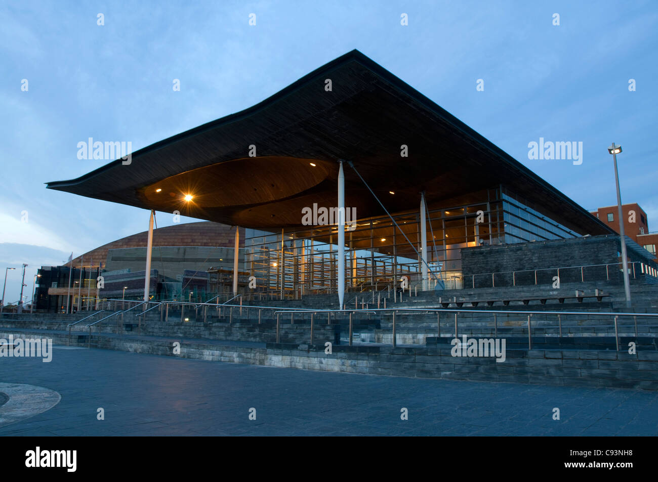 The Welsh Assembly debating chamber, or Senedd, Cardiff. Early evening ...