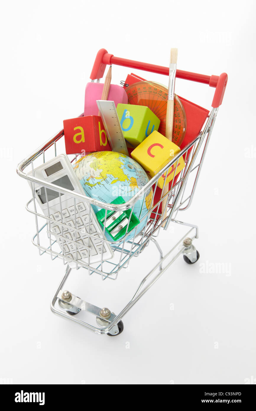 Trolley full of items for school Stock Photo - Alamy