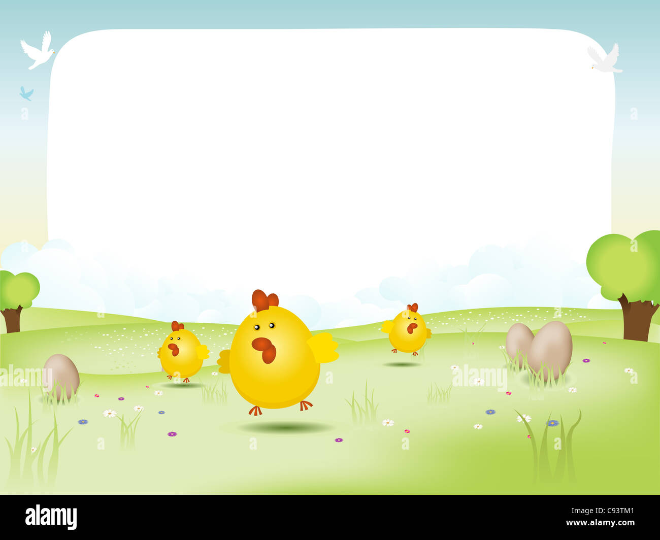 Illustration of a spring or summer landscape, with eggs and happy ...