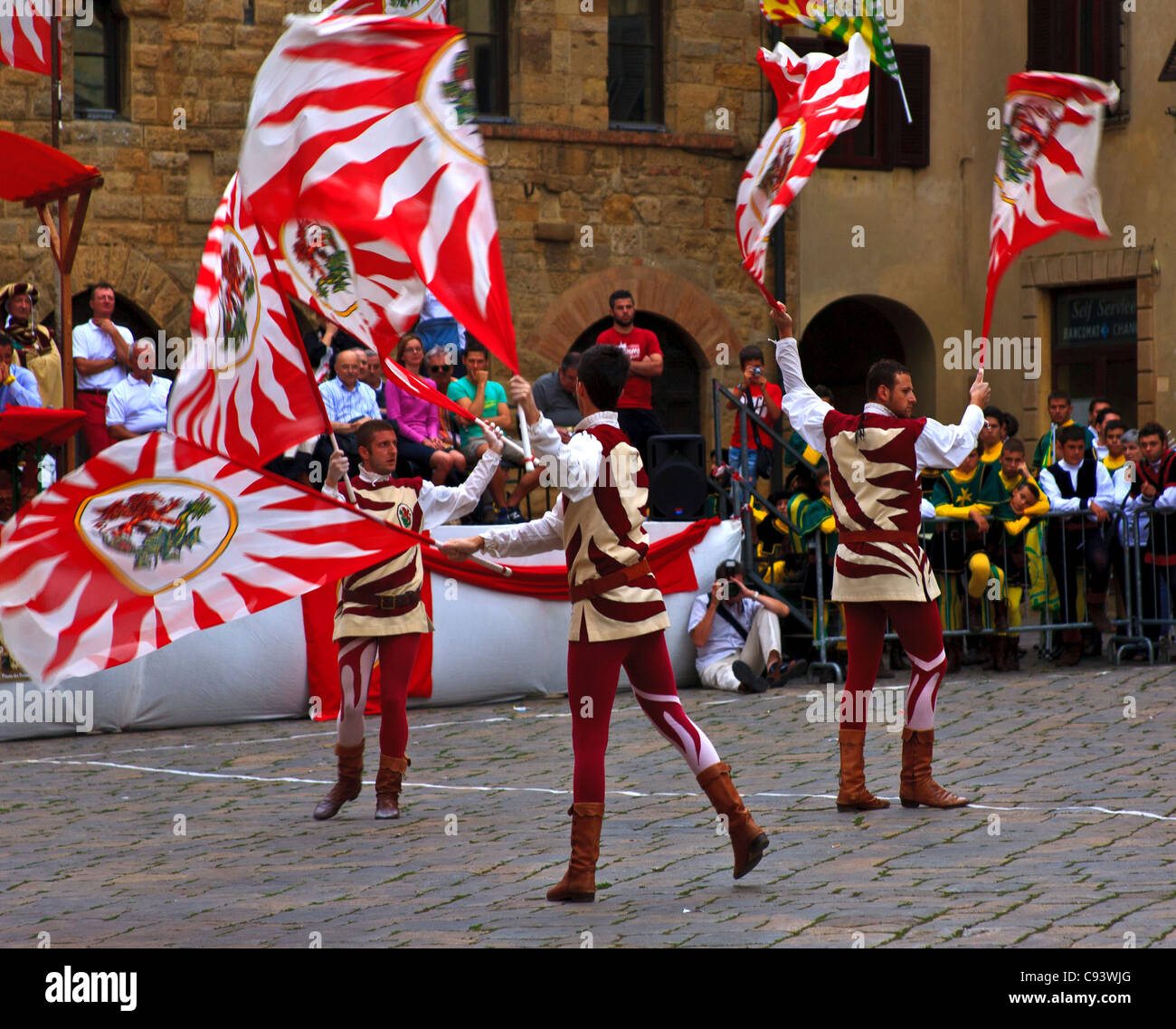 Volterra Italy Europe flag throwing competition. Volterra Hill town ...