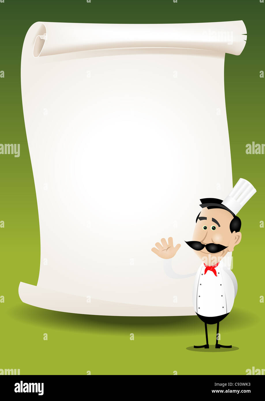 Illustration of a happy cook showing his menu on a parchment background ...