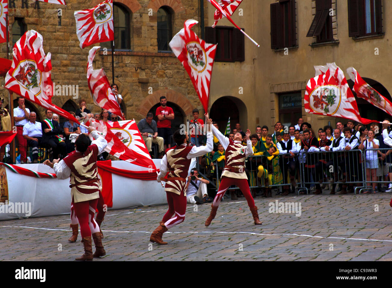 Volterra Italy Europe flag throwing competition. Volterra Hill town ...