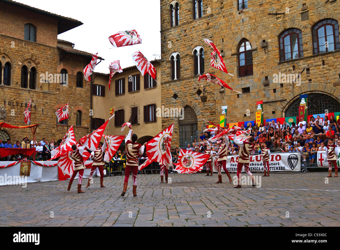 Volterra Italy Europe flag throwing competition. Volterra Hill town ...