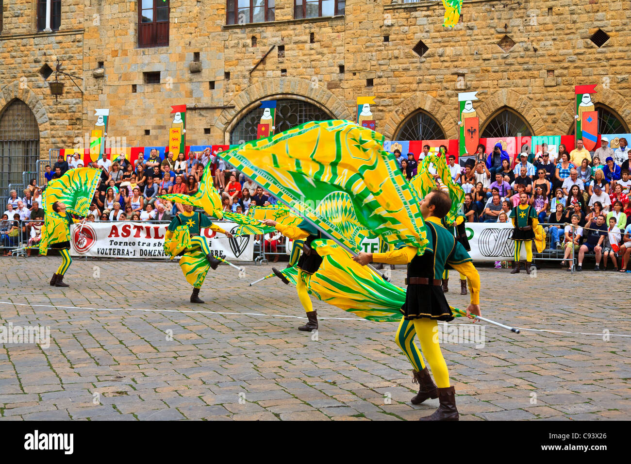 Volterra Italy Europe flag throwing competition. Volterra Hill town ...