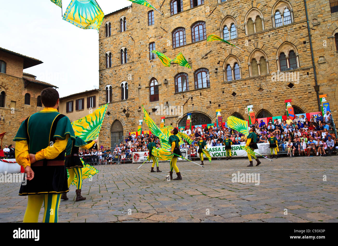 Volterra Italy Europe flag throwing competition. Volterra Hill town ...