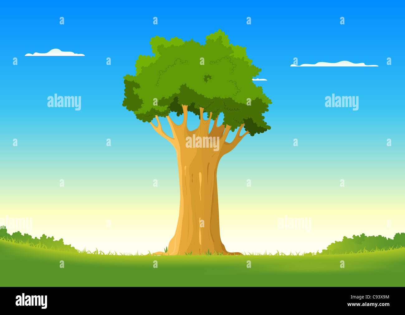 Illustration of a beautiful oak tree inside fieds Stock Photo - Alamy