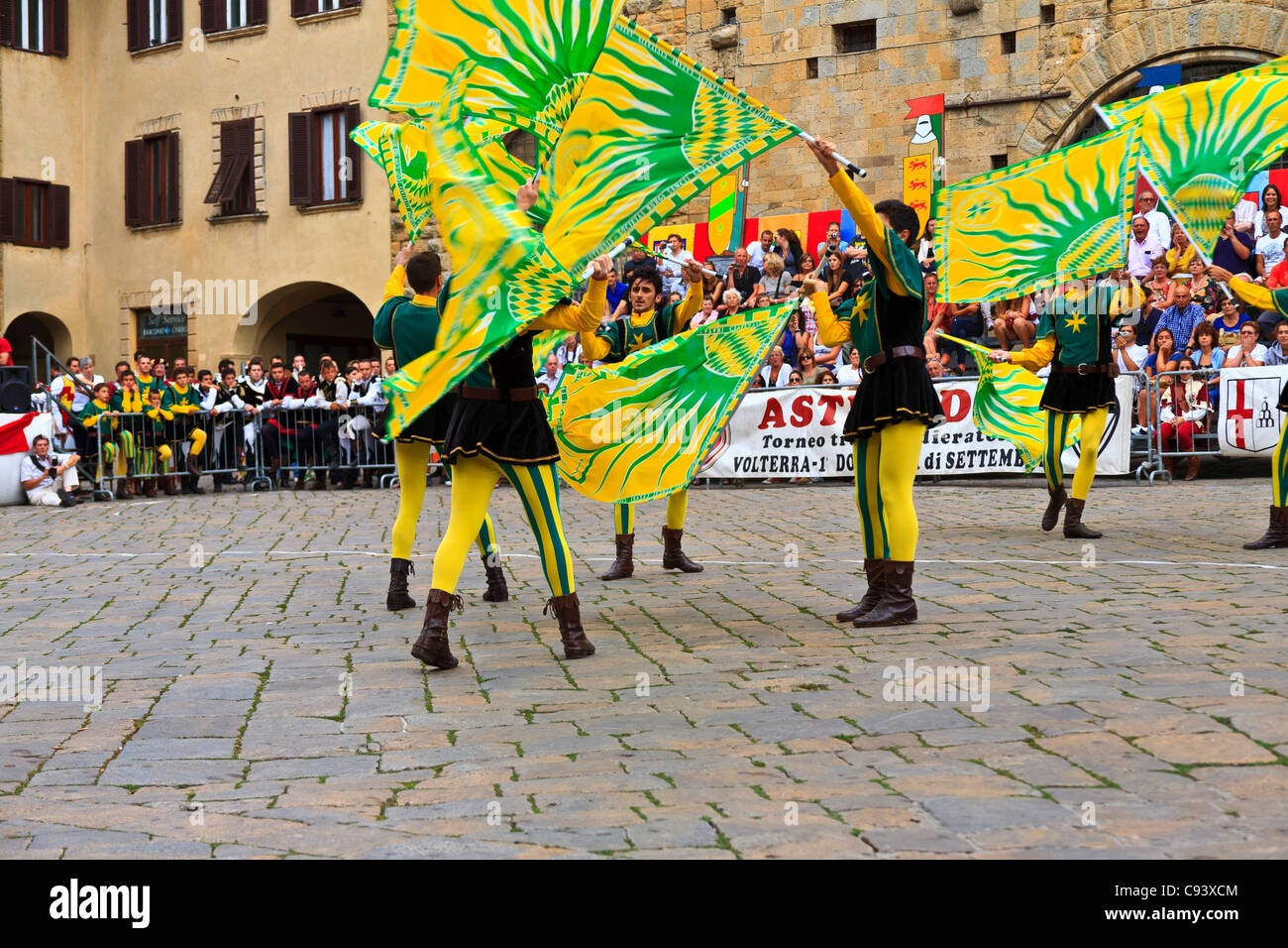 Volterra Italy Europe flag throwing competition. Volterra Hill town ...