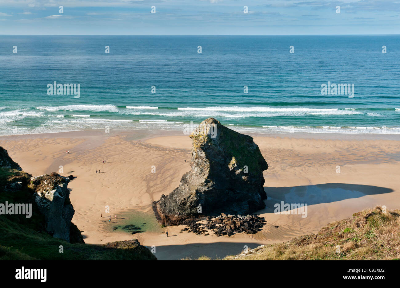 View of sea stack at Bedruthan Steps on the north coast of Cornwall, UK ...