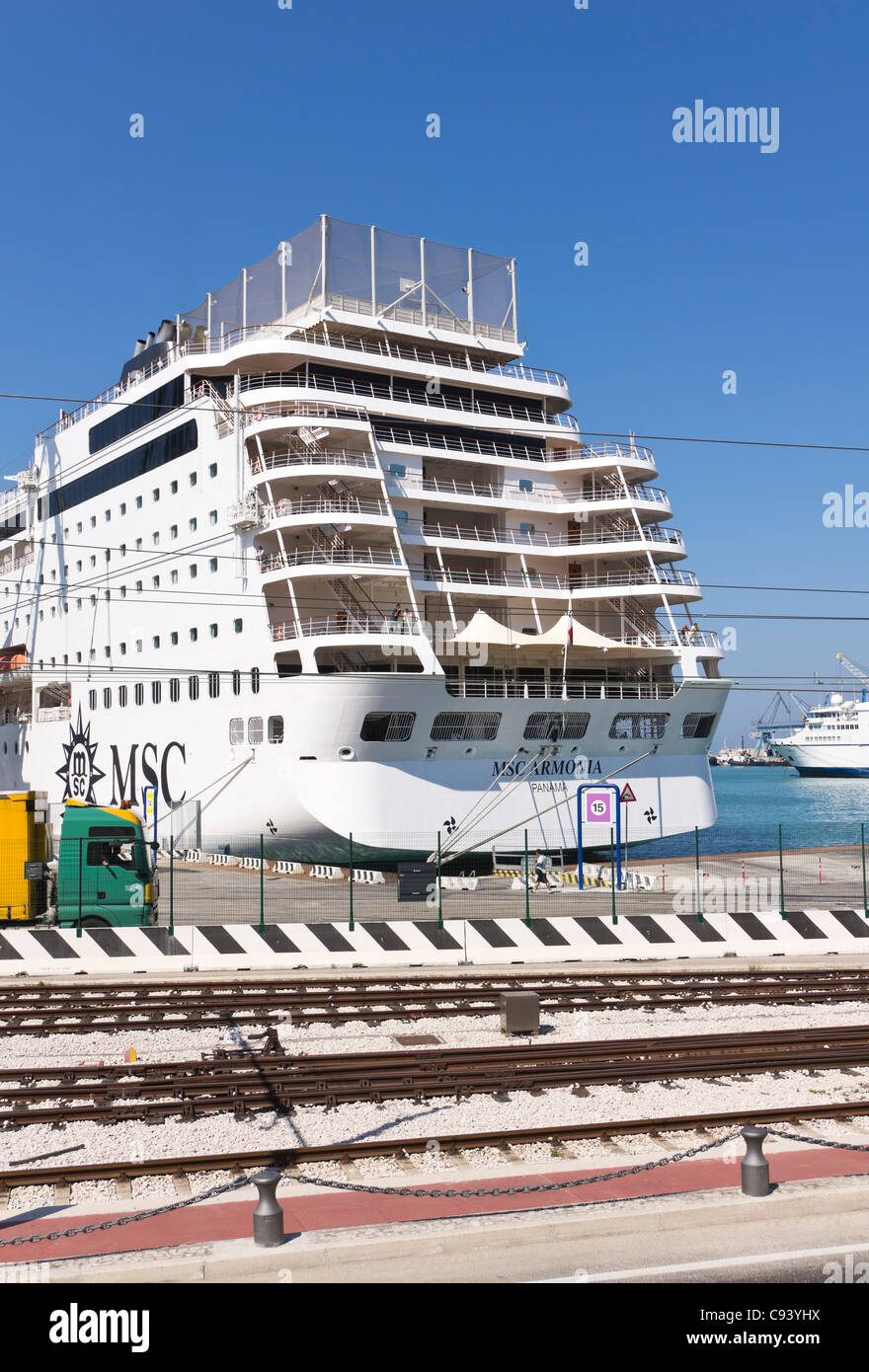 Cruise ship MSC Armonia - across the rail tracks, Ancona docks, Italy ...