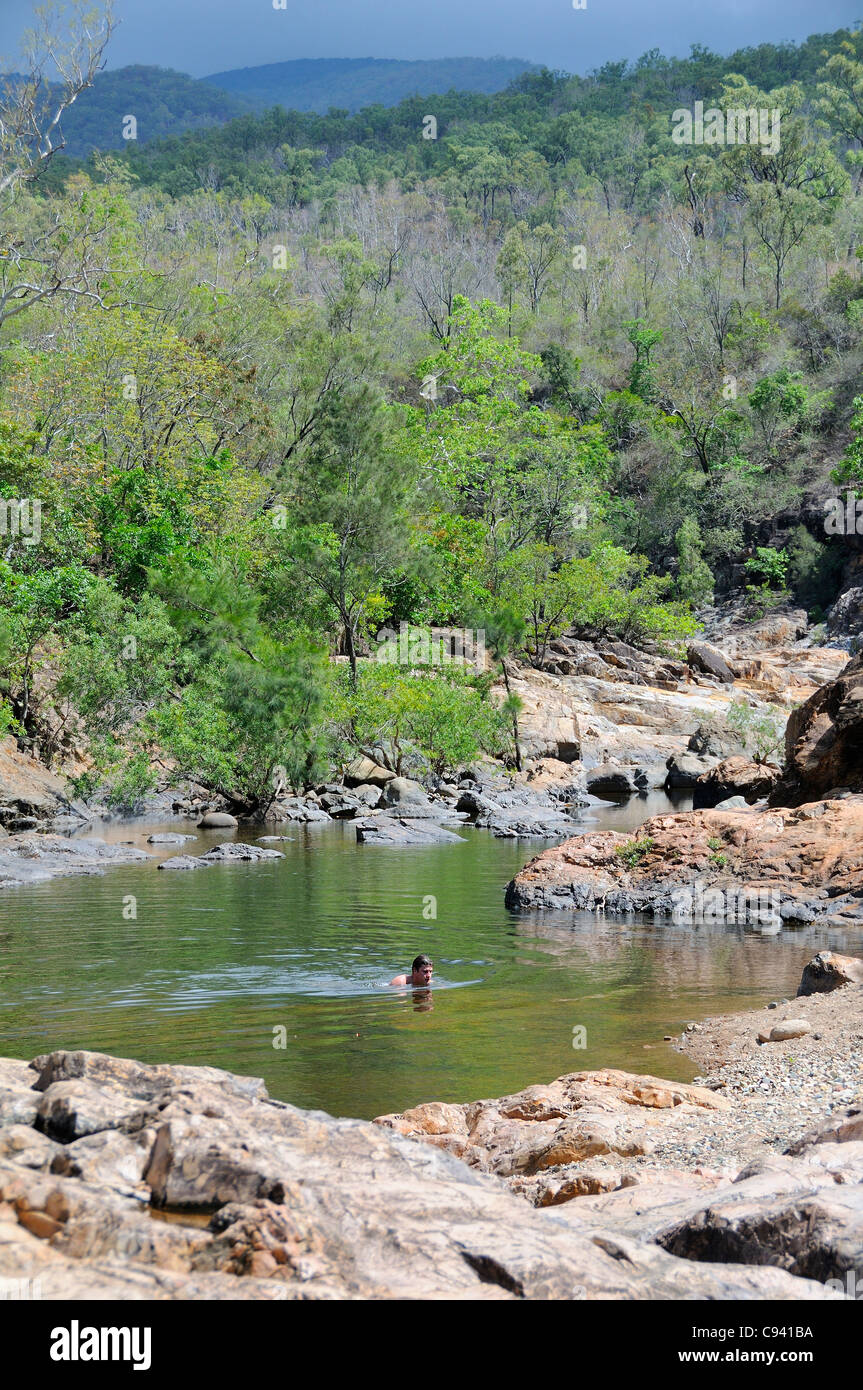 Swimmer in rock pool on part of the Alligator Creek, Bowling Green Bay ...