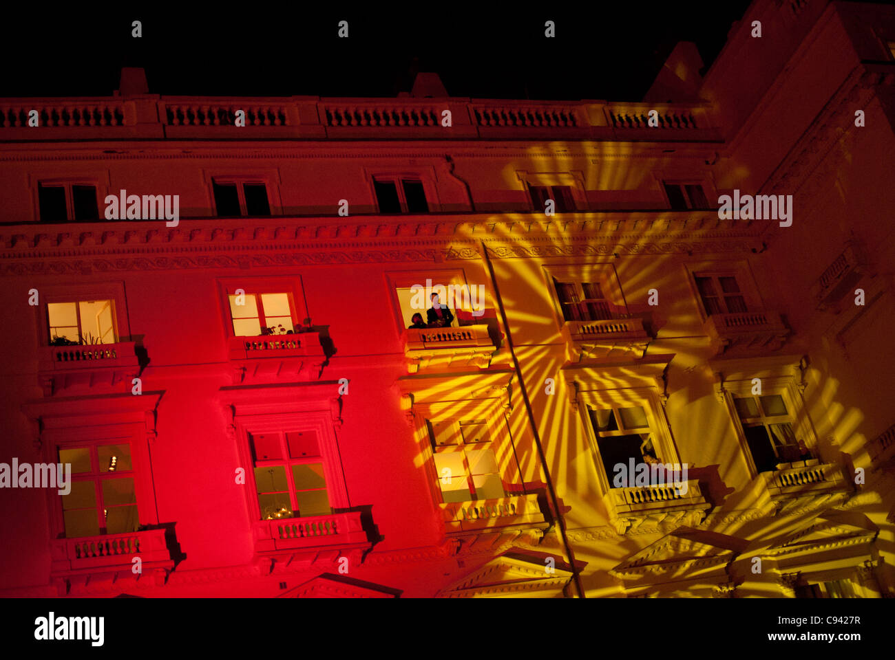 Festive lights on the building during Bonfire night in Cleveland Square ...