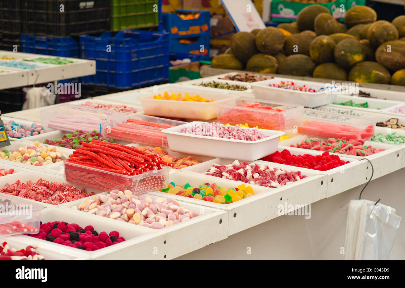 Assorted candy on display at a street market Stock Photo - Alamy