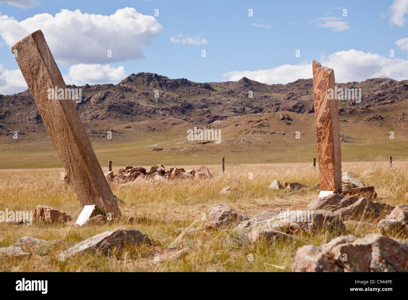 Ancient deer stones in the desert of Mongolia near Moron Stock Photo ...