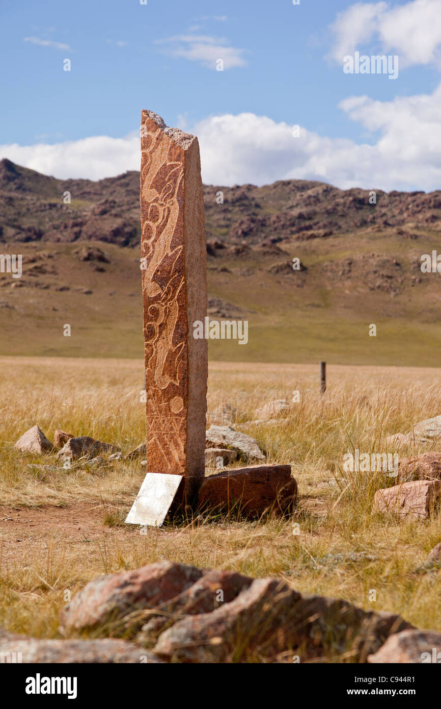 Ancient deer stones in the desert of Mongolia near Moron Stock Photo ...