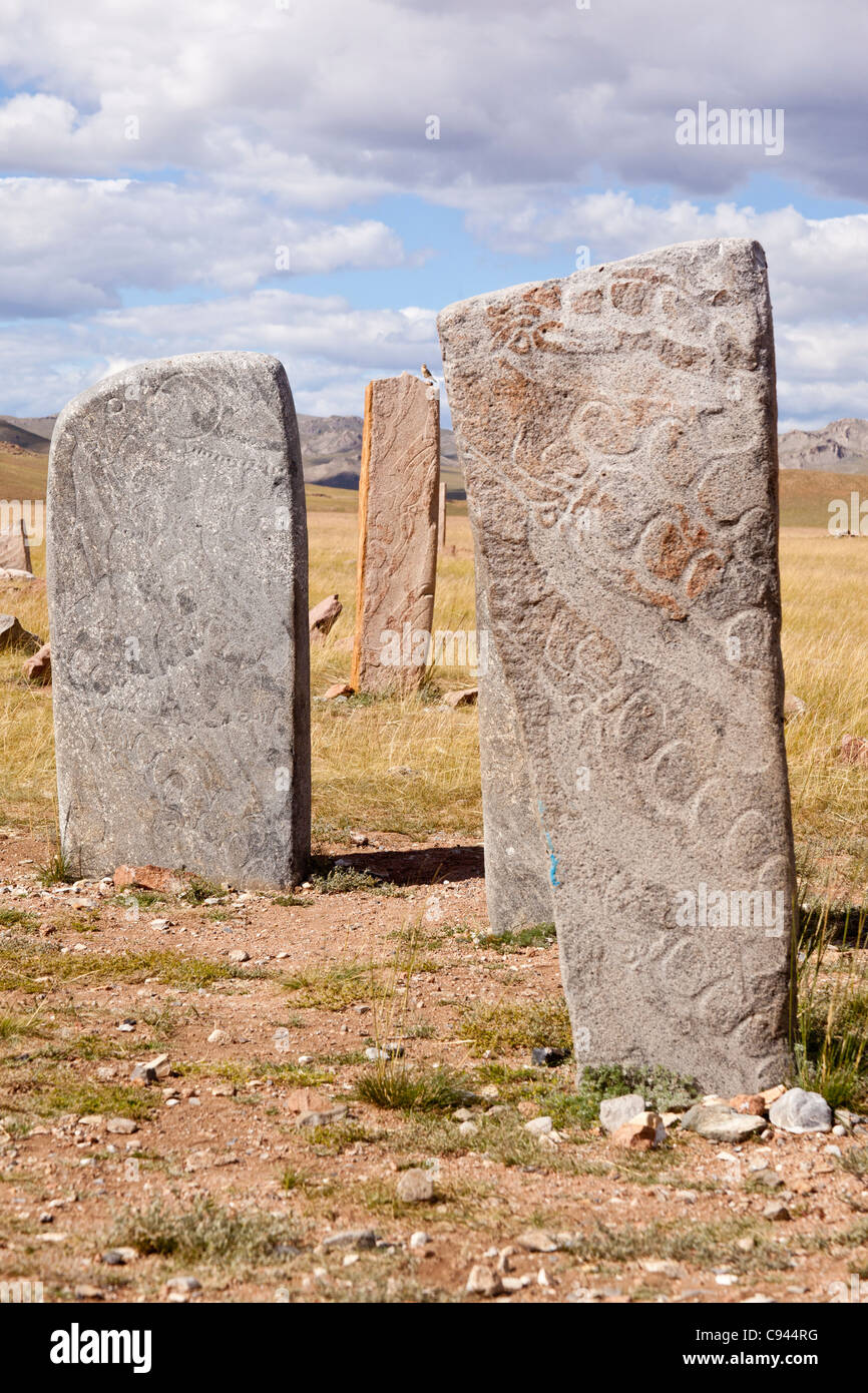 Ancient deer stones in the desert of Mongolia near Moron Stock Photo ...