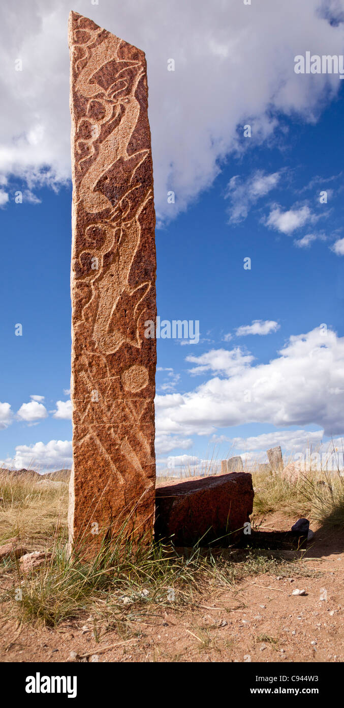 Ancient deer stone monument in the steppes of Mongolia near Mörön Stock ...