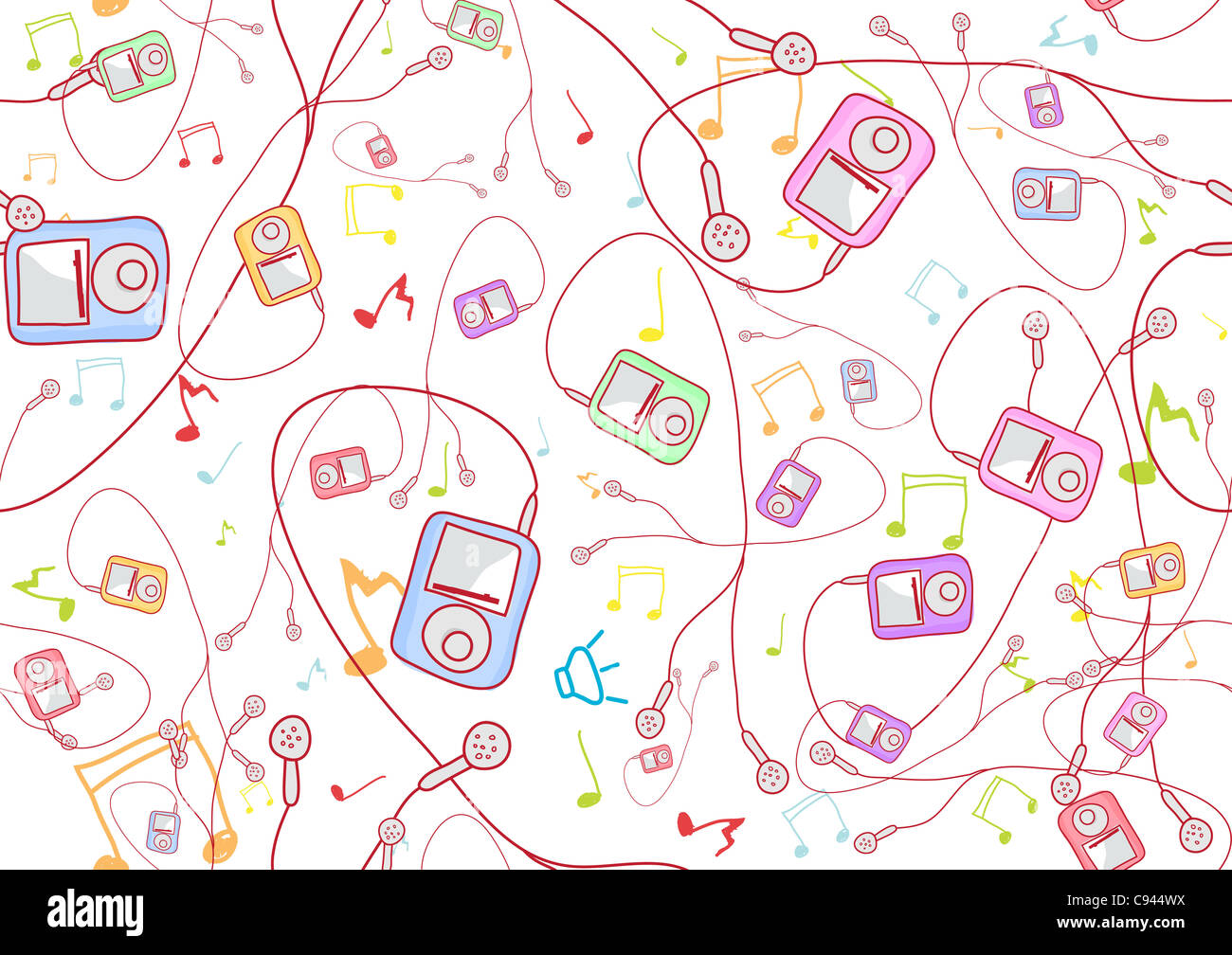 Retro Seamless Pattern made of cool hand-drawn mp3 players in different ...