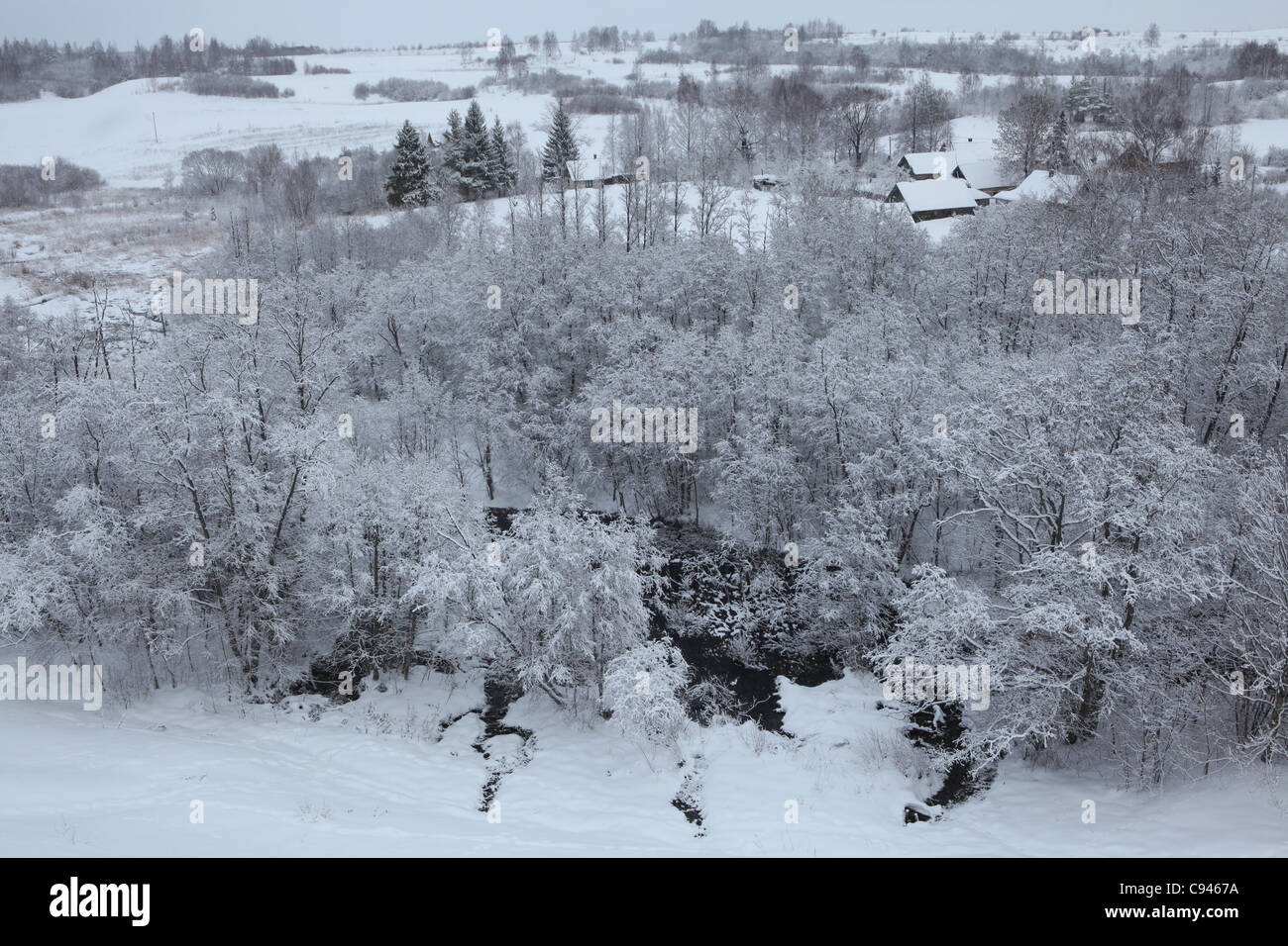 Russian winter. Snow covered outskirts of the Izborsk Fortress with the ...