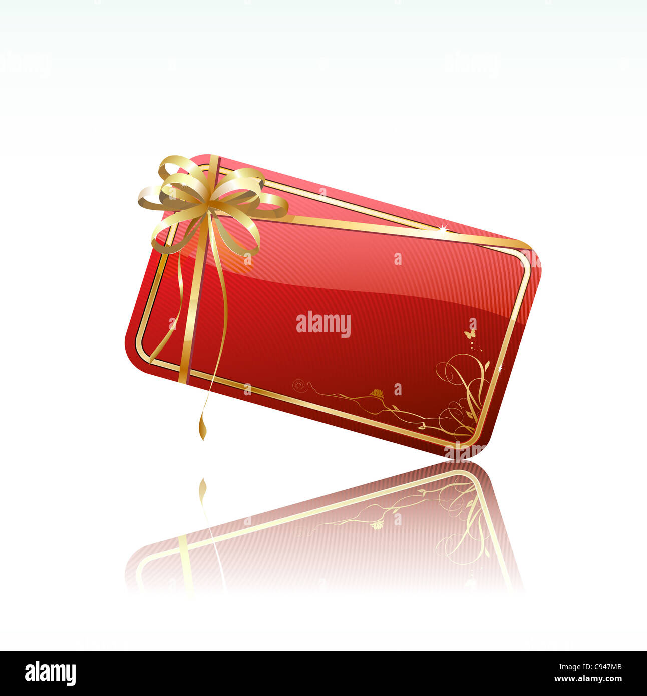 illustration of red decorated gift card with golden ribbon and bow ...