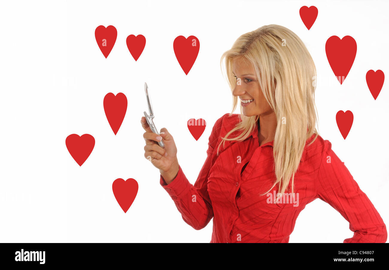 young and pretty woman is reading a text message Stock Photo - Alamy